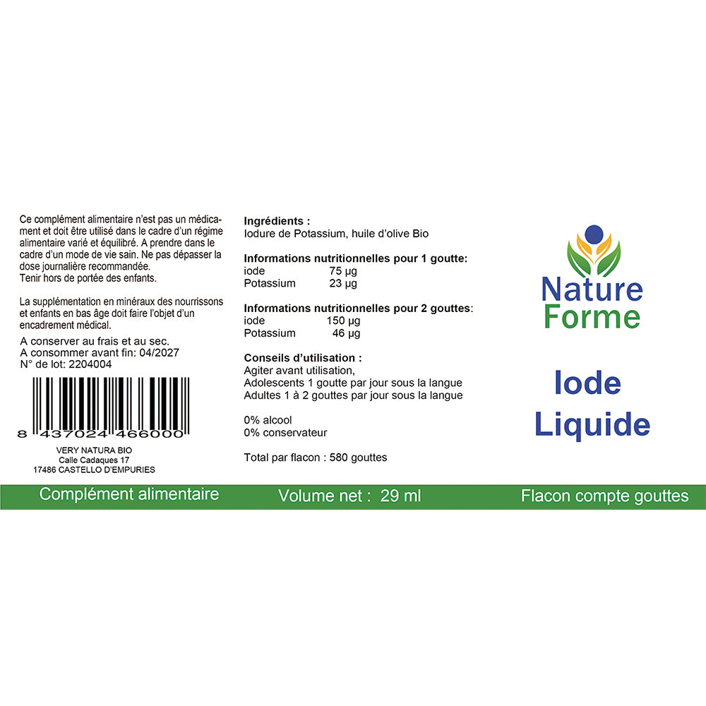 Iode liquide 1 goutte = 75 µg d'iode & 23 µg de potassium